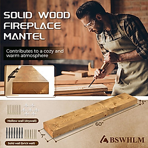 ABSWHLM 60x7x3 Fireplace Mantel - Solid Rustic Wood - Wall Mounted Floating Shelf with Invisible Heavy Duty Steel Bracket (Natural Wood)