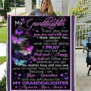Maylian to My Granddaughter Printed with Blue and Purple Butterflies Fleece Blanket Gift (80 X 60 INCH)