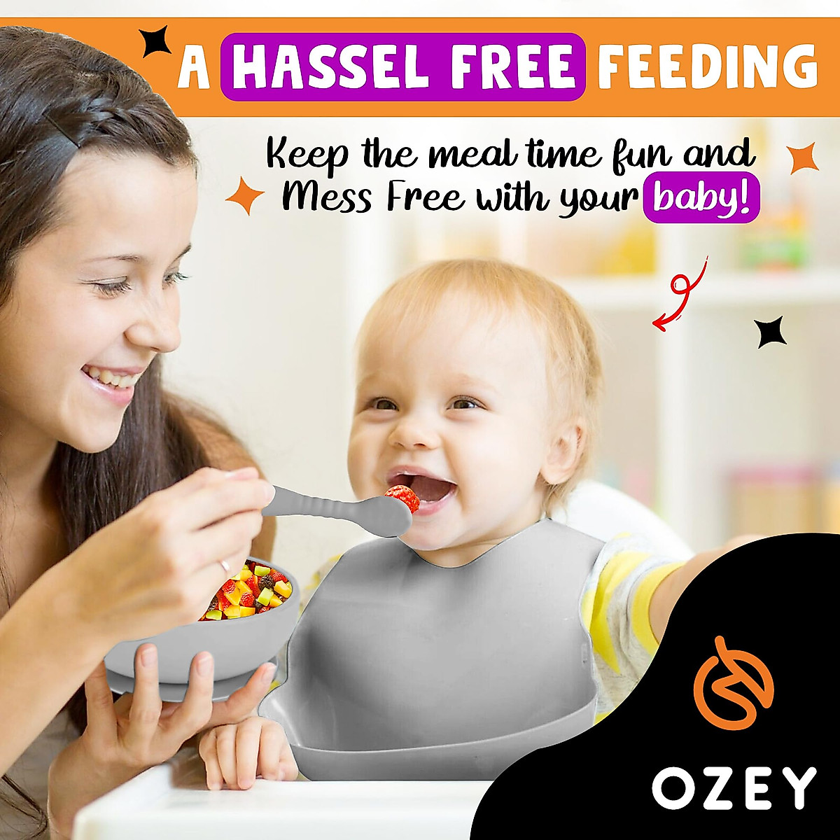 OZEY Silicone Baby Feeding Set: 100% Food Grade Baby Bib, Toddler Suction Plates and Bowls Set, Spoon, Fork, Cup, Straw-Baby Led Weaning Supplies (Grey), Small, Gray, 12232