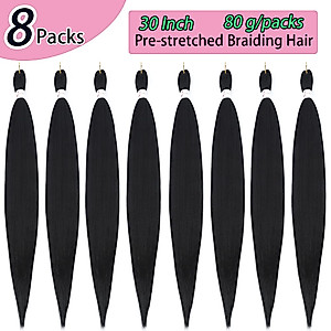 Braiding Hair Pre Stretched Braiding Hair Extensions 30 Inch 8 Packs Long Prestretched Crochet Braids Hair Hot Water Setting Premium Yaki Texture(1B#)