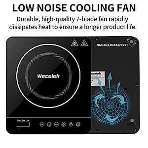 Weceleh Portable Single Induction Cooktop Hot Plate Countertop Burner Cooker 1 Burner, 1800W, 9 Power Levels, 10 Temp Levels, Timer, Auto-Shut-Off, Touch Panel, LED Display, Child Safety Lock, Black