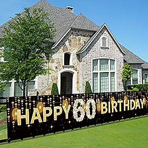 Joyiou Happy 60th Birthday Banner Decorations for Men Women, Gold 60 Year Old Birthday Party Décor Supplies, Happy Sixty Birthday Sign for Outdoor Indoor(9.8x1.6ft)