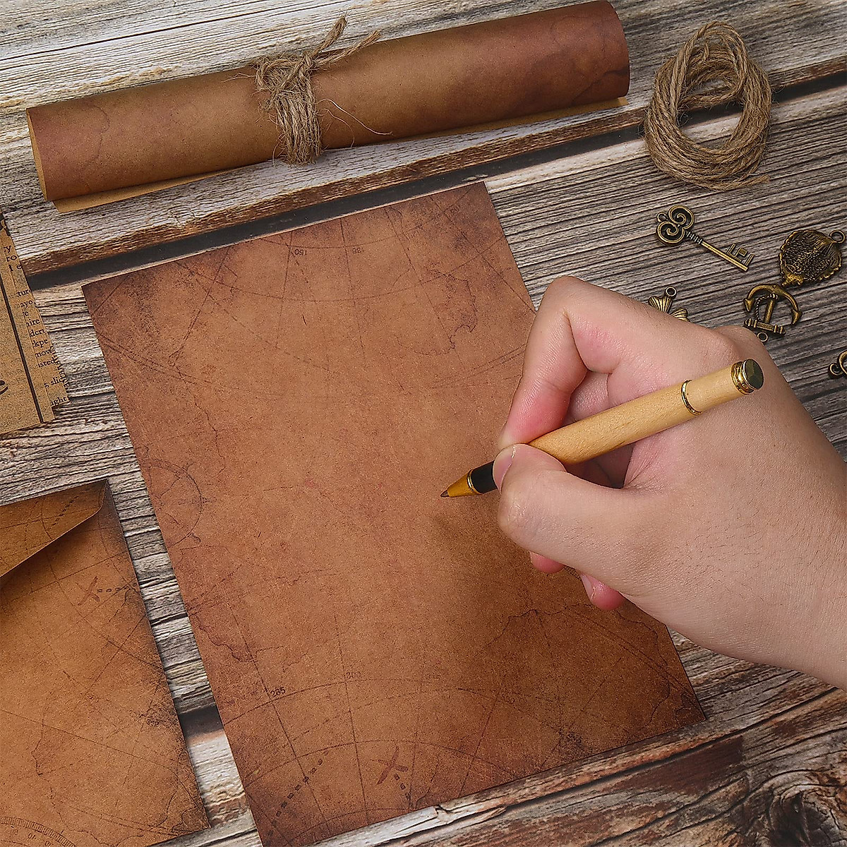 Vintage Stationary Paper and Envelopes Set, Writing Stationery Paper Letter and Envelopes Includes Sheets Antique Letter Papers, Kraft Envelopes, Retro Accessories, Rope (60 Pieces)