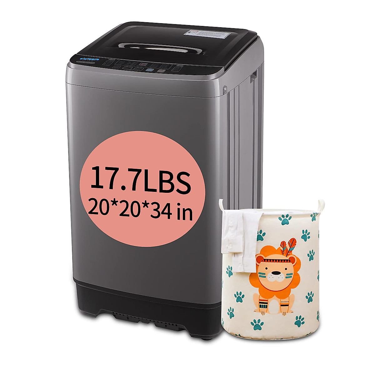 Krib Bling 17.7 lbs Full Automatic Washer with Drain Pump, Washing Machine with LED Display, 10 Washing Programs & 8 Water Levels Selections, Ideal for Camping, Apartment, Dorm, Dark Grey