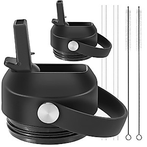 BOTTLAN 2Packs Straw Lid for Yeti Rambler Water Bottle 12 18 26 36 64 oz, Replacement Straw Cap for Yeti Rambler Bottle with Flexible Handle (Black+Black)