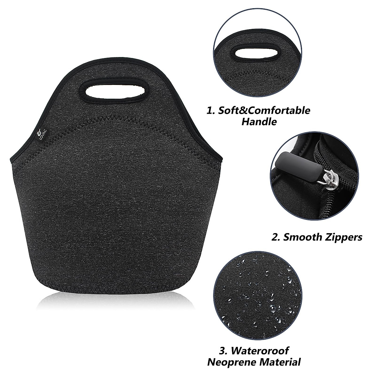LOVAC Neoprene Lunch Bag for Men,Insulated Lunch Tote,Durable and Waterproof Lunch Bag,Reusable Soft and Lightweight (Black)