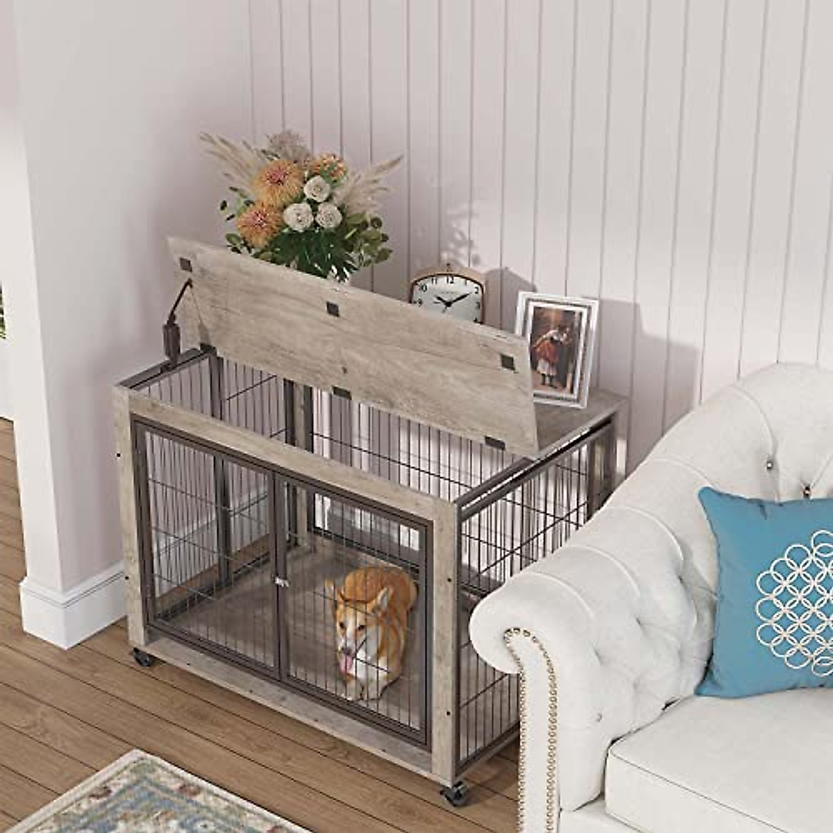 IchbinGo Dog Crate Furniture, Wooden Dog Crate Table, 38.5" Dog Kennel with 3 Doors, Flip-up Top Opening and Wheels, Decorative Pet Crate Dog House for Large/Medium/Small Dog Indoor Use (Rustic Grey)