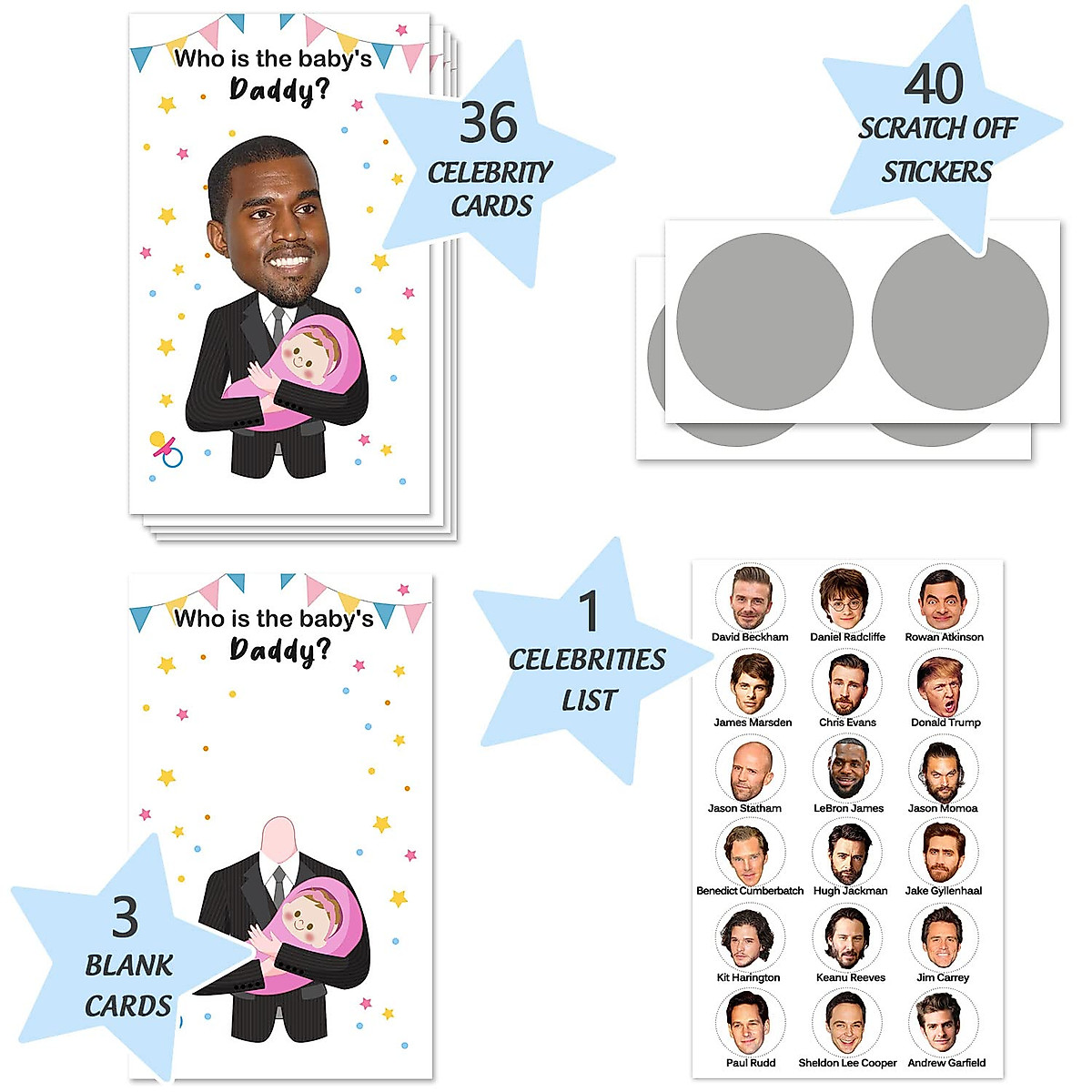 Funny Baby Shower Scratch Off Game Cards, Scratch Off Lottery Ticket Raffle Cards Baby Shower Game, Great Party Icebreak Game Ideas for Baby Shower, who is the baby's daddy, Black Suit, 40 Cards