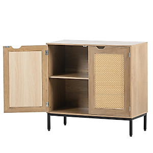 HESIEU Country Style Storage Cabinet with 2 Rattan Doors Natural Wood Sideboard Decorative Table Shoe Cabinet Office Cabinet with Metal Legs for Dining Room Kitchen Hallway Office