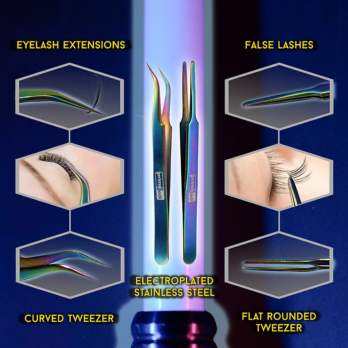 PrimeJedi Eyelash Extension Tweezers, Lash Applicator Tweezers, 3D 4D 5D Tweezer, DIY Lash Tweezers, Curved Tweezers, Tong Tweezers, 45 Degree Tweezer, Rainbow Tweezers in Tube Case (1 Set)