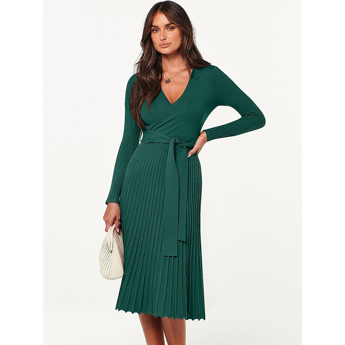ANRABESS Women Long Sleeve Sweater Dress Wrap V Neck Pleated Ribbed Knit A Line Belted Tie Waist Midi Dress Fall Outfits deep green Small