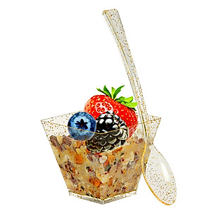 Tongcloud 25 Set Mini Plastic Dessert Cups with Spoons Gold Glitter Square Small Dessert Cups Disposable Gold Glitter Plastic Bowls with Mini Spoons Great for Party Desserts Appetizers
