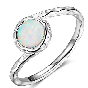 Jude Jewelers Platinum Plated Hammered Created Opal Wave Solitaire Wedding Engagement Ring (White, 8)