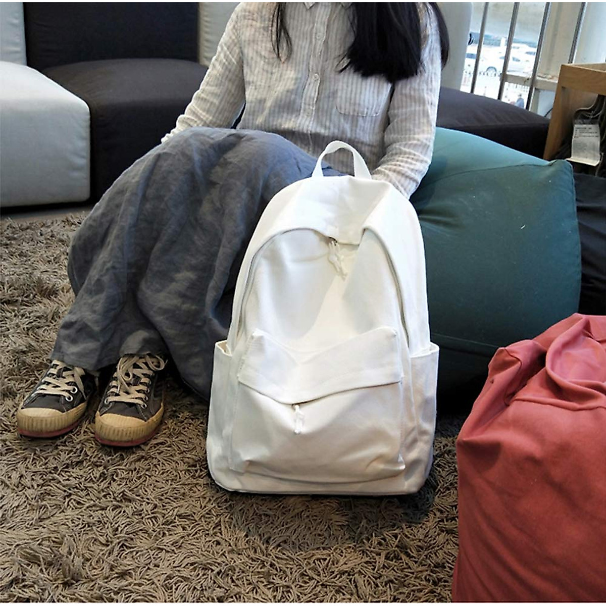 Jesdo DIY Canvas Backpack Large Casual Daypack Satchel (White with Side Pockets)