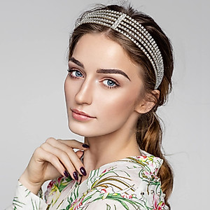 ANCIRS 2 Pack Multi Layered Elastic Headband for Women, Adjustable Rhinestone Bridal Headpieces, Stretchy Jewelry Hair Bands Accessories for Girls- Gold & Silver