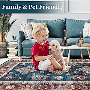 RUGSREAL 5x7 Rug Washable Rug Indoor Non-Slip Stain Resistant Large Area Rug for Living Room Throw Carpet Medallion Distressed Rug Oriental Accent Rug for Bedroom Office Nursery, Blue