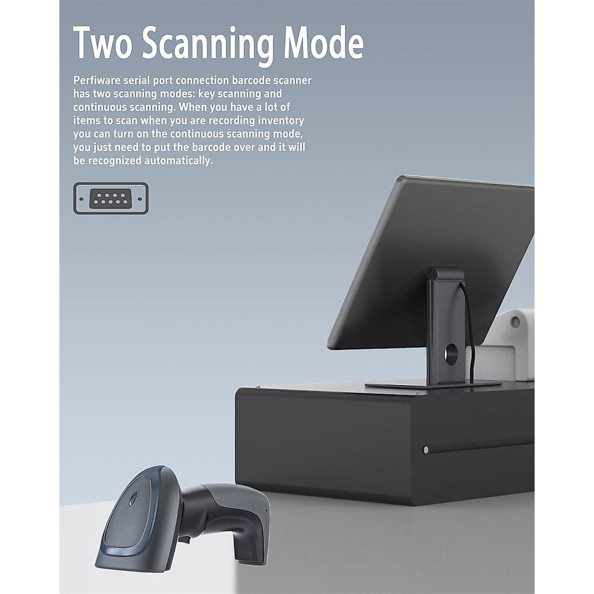 Perfiware HS1000 Barcode Scanner for Cash Register with 𝐒𝐞𝐫𝐢𝐚𝐥 𝐂𝐨𝐧𝐧𝐞𝐜𝐭𝐢𝐨𝐧, DC 2.1 or USB Cable for Power Supply,Serial Port for Data Transmission,𝐒𝐞𝐫𝐢𝐚𝐥 Barcode Scanner