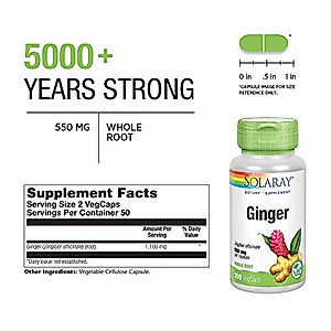 SOLARAY Ginger Root 1100mg | Healthy Digestion, Joints and Motion & Stomach Discomfort Support | Whole Root | Non-GMO & Vegan | 100 VegCaps