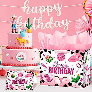 Pink Cowgirl Birthday Gift Bag, Large Western Happy Birthday Wrapping Paper Bags Decorations with Handles Greeting Card Tissue Paper Y2K Disco Wrap Bags for Party Favors Decor Girls Women Supplies