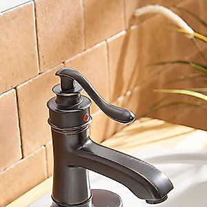 Bathfinesse Oil Rubbed Bronze Bathroom Faucet Single Handle Single Hole Farmhouse Stream Bathroom Sink Faucets & Parts with Pop Up Drain Assembly Vanity Supply Hose Lead-Free