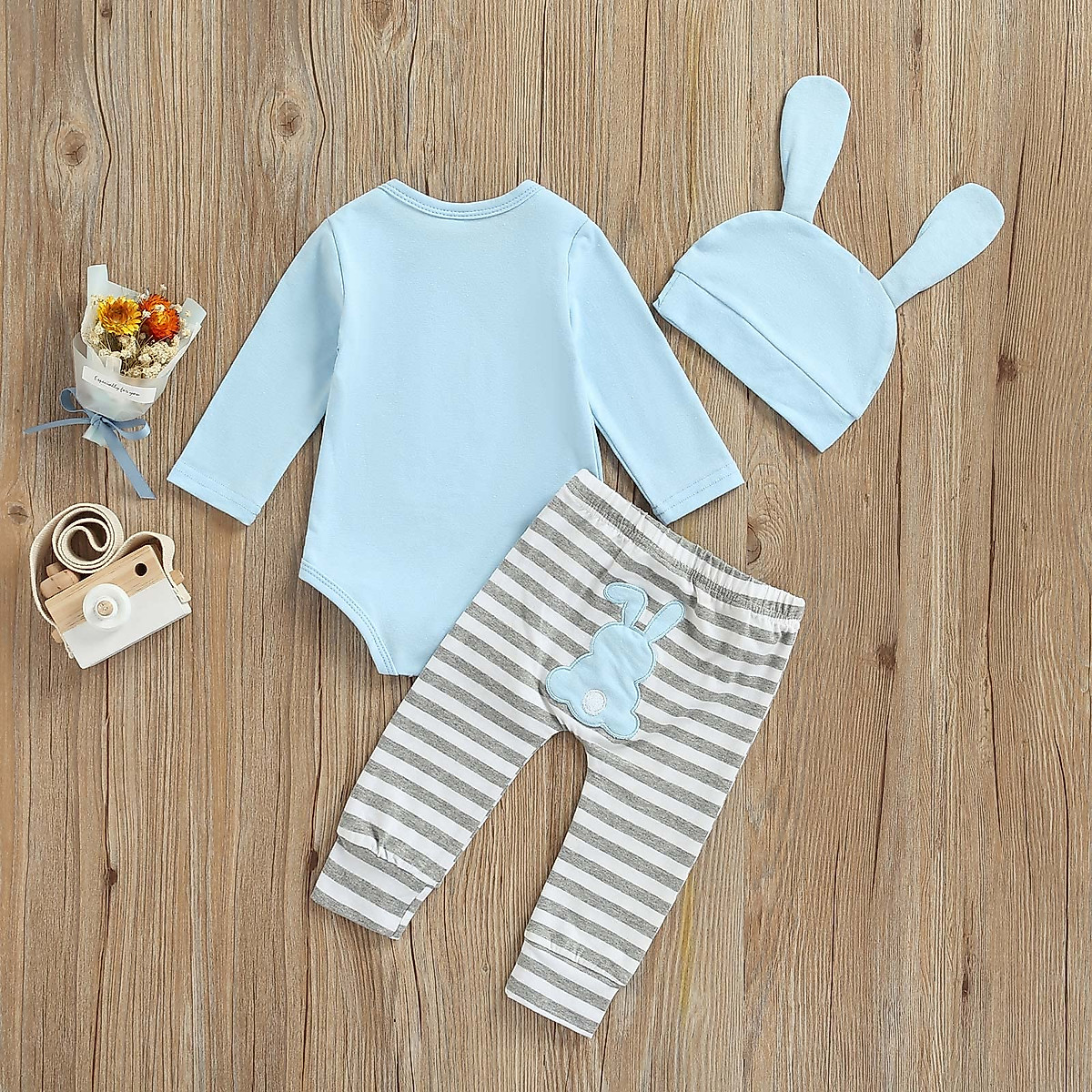 Meiweileya Newborn Baby Boys Easter Bunny Outfits My 1st Easter Romper+Striped Pants+Ear Hat 3Piece Rabbit Clothes Set (Light Blue, 3-6 Months)