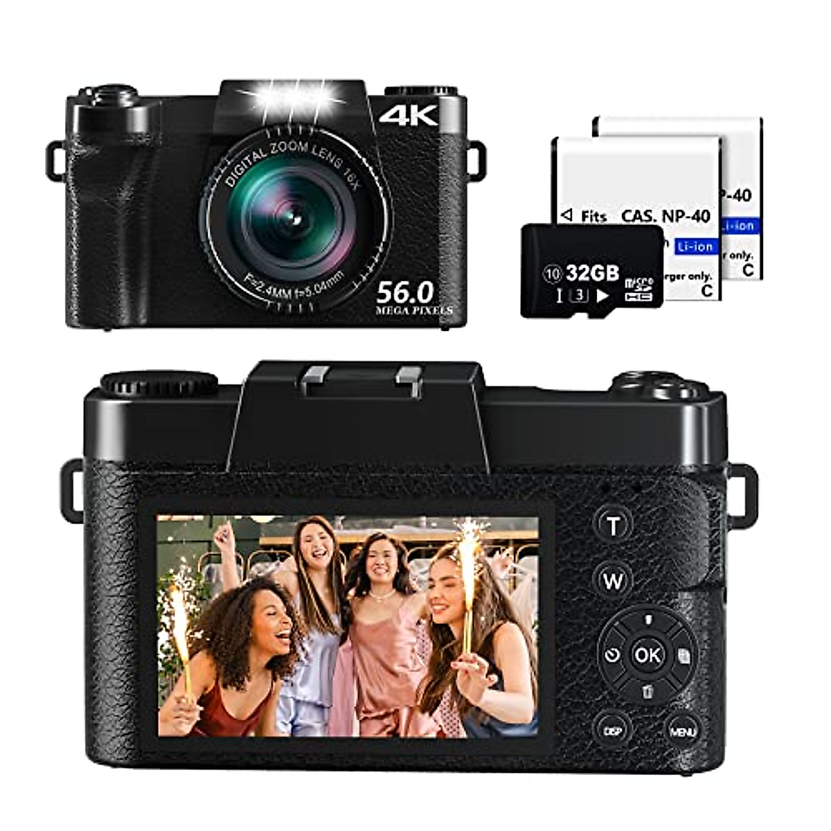 Saneen Digital Camera, 4K & 56MP Cameras for Photography, Small & Compact Vlogging Video Camera for Teens, Kids, Beginners, Equipped with 16X Digital Zoom, 32GB SD Card & 2 Rechargeable Batteries