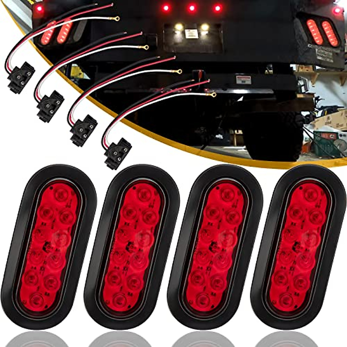 TOPEND 6 Inch Red Oval Led Trailer Tail Light 4PCS for RV Truck Jeep - Stop/Turn/Tail Light Marine Waterproof - Including 3-pin Water Tight Plug DOT/SAE with Wires and Grommet
