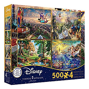 Ceaco - 4 in 1 Multipack - Thomas Kinkade - Disney Dreams Collection - Aladdin, Winnie the Pooh, Beauty & the Beast, & The Little Mermaid - (4) 500 Piece Jigsaw Puzzles