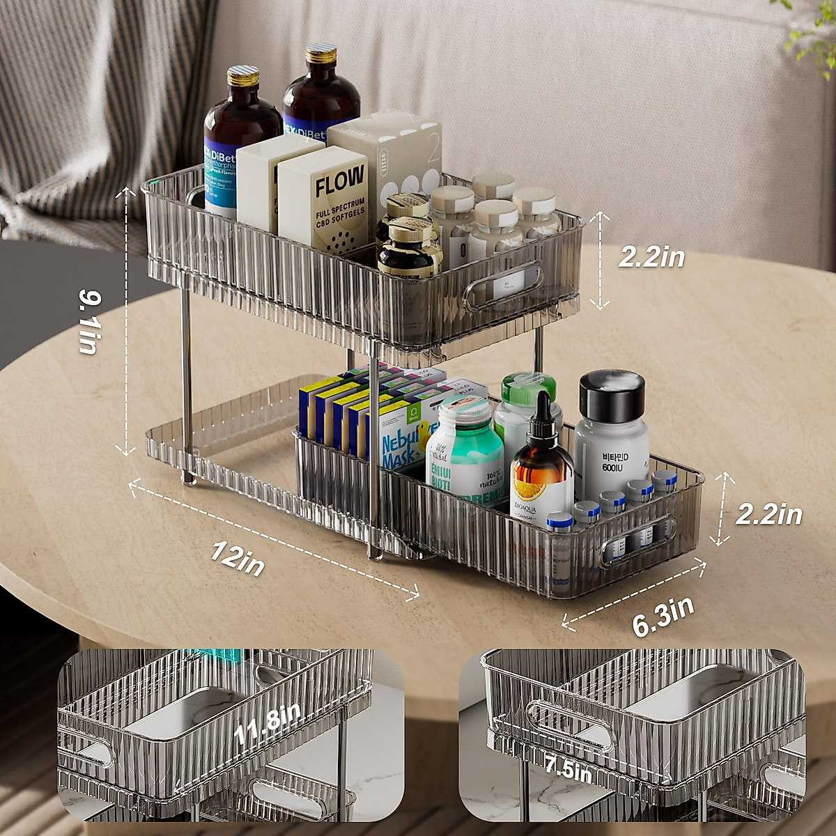 Sellemer Under Sink Organizer: Sliding Kitchen Bathroom Cabinet Organizer, Pull Out Medicine Pantry Organizer with 8 Movable Dividers, 2 Pack Grey and Clear