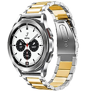 Pencoda Compatible with Samsung Galaxy Watch 6/5/4 Band 40mm 44mm, Galaxy Watch 6 Classic 43mm 47mm Bands, Stainless Steel Metal Replacement Band Women Men Large Small (Silver + Gold)