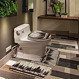 SKAILIÉ 4PCS Deer Shower Curtain Set, Moose Elk Bear Pine Tree Woodland Animal Wildlife Hunting Lodge Cabin Country Rustic Farmhouse Bathroom Decor, Waterproof Fabric Shower Curtain, Non-slip Bath Mat