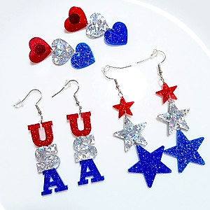 Patriotic Dangle Drop Stud Earrings 4th of July Glitter Red White Blue USA Star Heart American Flag Acrylic Jewelry Women Her Forth Independence Memorial Day Party Favor Gift