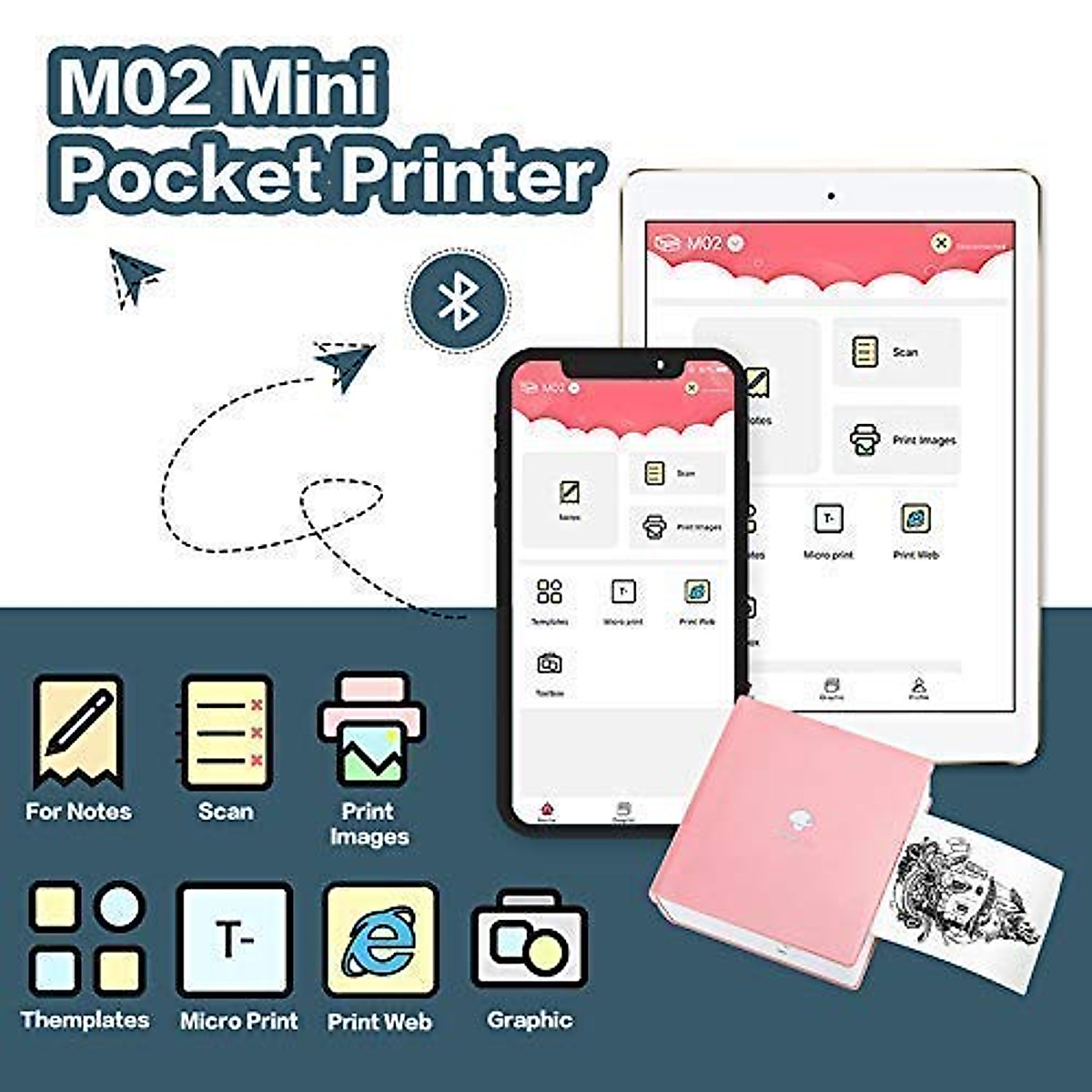 Phomemo M02 Mini Bluetooth Label Maker with 1 White/Clear/Silver Glitter Sticker Paper, Pink
