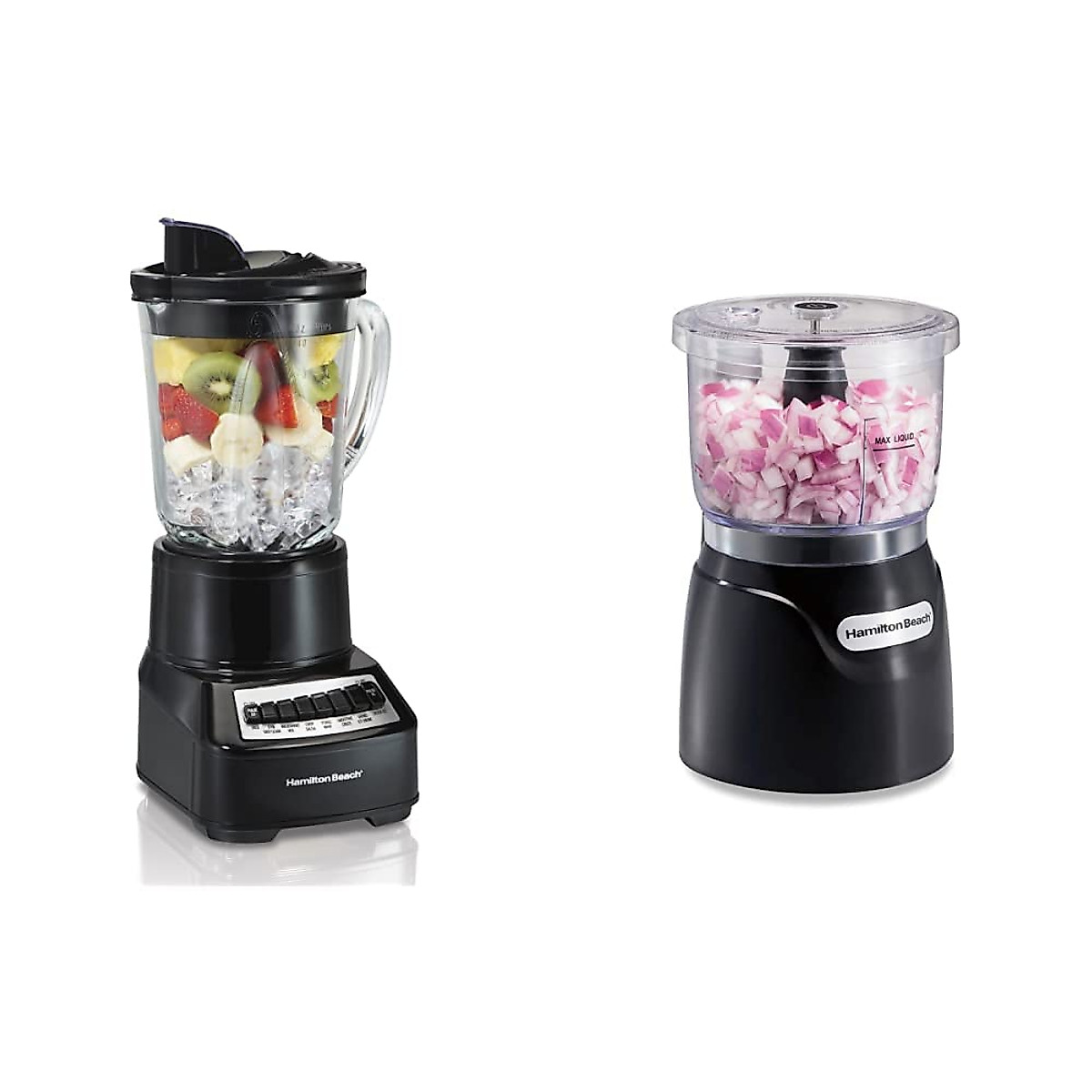 Hamilton Beach Wave Crusher Blender with 14 Functions & 40oz Glass Jar for Shakes and Smoothies, Black & Electric Vegetable Chopper & Mini Food Processor, 3-Cup, 350 Watts, Black