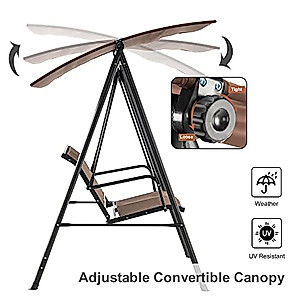 MCombo 2-Person Patio Swing Chair with Adjustable Canopy Outdoor, Steel Frame Breathable Seats Hanging Porch Swing, 4001 (Brown)