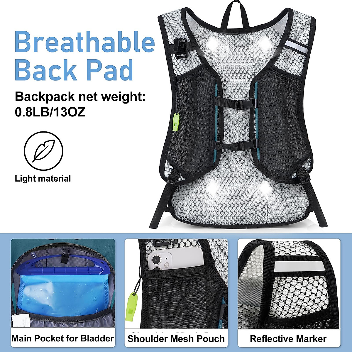 Lightweight Hydration Backpack, Running Backpack with 2L Water Bladder, Hydro Water Daypack for Cycling Hiking Rave for Men Women