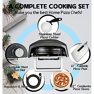 VNIMTI 12” Outdoor Gas Pizza Oven Portable Stainless Steel Pizza Grill with Pizza Stone, Peel and Cutter, Foldable Feet, Adjustable Heat Control, Great Addition for Outside, Kitchen, Party, Backyard