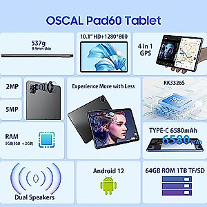 OSCAL 2023 Latest Android 12 Tablet, 10.1 Inch Tablets with 64GB ROM 1TB Expand, 25W/6580mAh Fast Charging, 1280x800 IPS HD Touch Screen, 2+5MP Dual Camera, WiFi, Bluetooth, Grey
