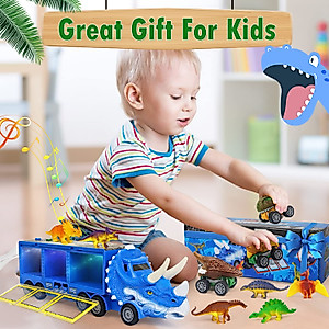 Dinosaur Toys for Kids 3-7, Dinosaur Transport Truck for Boys with Roar & Music Button and Slide, 11 Pack Friction Truck Toy Include 3 Pull Back Dinosaur Cars and 6 Dino Figures, Gift for Children