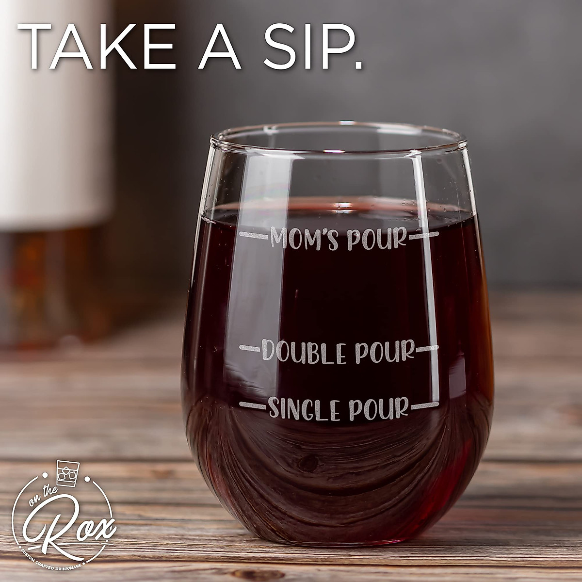 On The Rox Drinks Wine Gifts for Mom- 17Oz “Single Pour, Double Pour, Mom’s Pour” Engraved Stemless Wine Glass - Funny Birthday, Mother’s Day Gifts for Mothers - Fun Mother Glasses