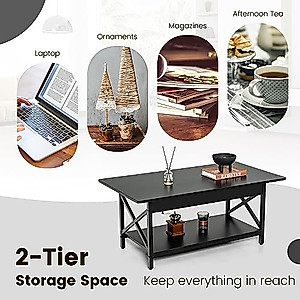 IFANNY Coffee Table, 44" Rectangle Cocktail Table with Storage Shelf, Industrial Accent Table with Metal Frame & Adjustable Foot Pads, Wood Center Table for Living Room, Home Office (Black)