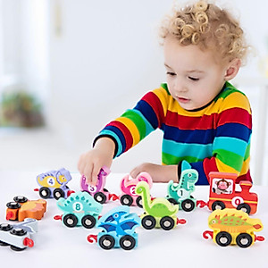 Toddler Toys for 4 3 Year Old Boys Gifts,Montessori Toys for 3 4 Year Old Girls Birthday Gifts,Wooden Train Set Dinosaur Toys for Kids 3-5 Years Old Toy Cars for Toddler Boy Toys Age 4
