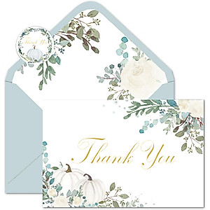 Quera 24 Pack Pumpkin Thank You Cards Fall Greeting Cards Autumn Floral Blank Note Cards With Envelopes Stickers For Baby Shower Wedding Birthday Party- 4x6 Inch