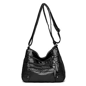 WITERY Crossboby Bag for Women - Soft PU Leather Multi-Pocket Shoulder Bag Handbag with Adjustable Strap, Vintage Ladies Medium Roomy Travel Purses Zipper Hobo Tote Bag(Black)