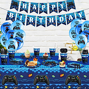 Gamer Birthday Decorations Video Game Birthday Decorations for Boys Game on Birthday Party Supplies Game Plates and Napkins Tablecloth Blue Gaming Party Decorations Men Kids Girls Level Up Party Decor