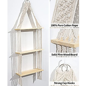 Afuly Hanging Shelf 3 Tier Wall Macrame Boho Shelves for Bathroom Living Room Wall Decor, Plant Book Storage Organizer Shelving Toilet Corner Organization Holder Solid Pine Wood Display