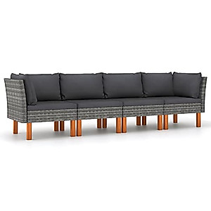 4-Seater Patio Sofa with Cushion | 4 Piece Garden Sofa | Outdoor Patio Couch | Rattan Bench Couch for Outside Balcony, Deck, Porch, Backyard and Poolside | Anthracite Cushion and Gray Poly Rattan