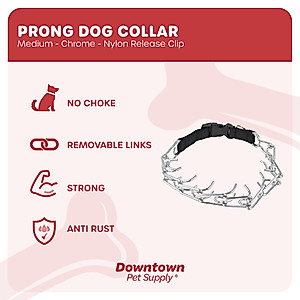 Downtown Pet Supply Chrome Plated/Nylon Prong Collar for Dogs, Medium - Adjustable, No-Choke and No Pull Dog Collar with Removable Links - Pinch Collar for Dogs 20-40 lbs and 20" Neck Width