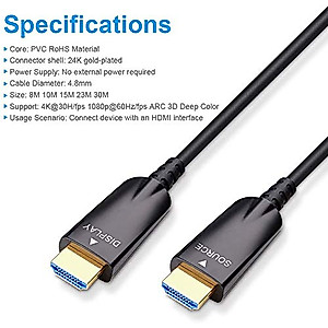 DTech 75ft Fiber Optic HDMI Cable with 4K 30Hz and 1080p 60Hz HD Video 3D ARC HDCP CEC High Speed Supported (75 Feet, Black) compatible with DVD Player, computer monitor, gaming console, TV