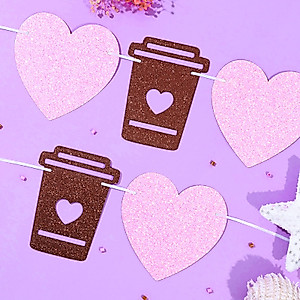 Coffee Bar Banner Pink, Glitter Coffee Cup and Heart Garland, Latte Banner for Birthday Bachelorette Engagement Wedding Baby Shower Party, Coffee Bar Wall Table Decorations